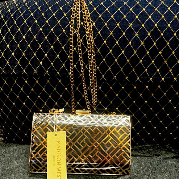 Madison West | Bags | Gold And Black Rectangular Medal Evening Bag ...